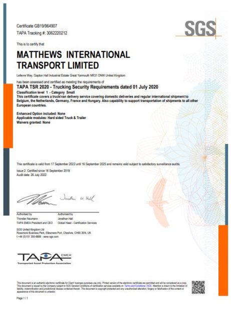 TAPA 1 CERTIFICATION FOR MATTHEWS INTERNATIONAL TRANSPORT - Matthews ...